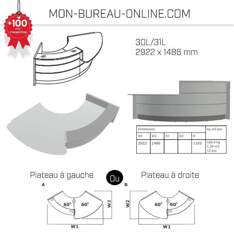 Banque d'accueil courbe avec comptoir PMR - Lumineuse -15 Coloris Banque d'accueil courbe avec comptoir PMR - Lumineuse -15 Coloris