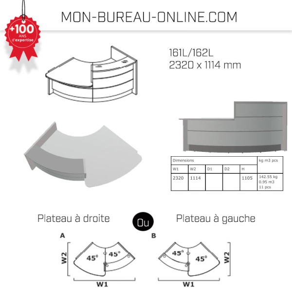Banque d'accueil courbe avec comptoir PMR - Lumineuse -15 Coloris Banque d'accueil courbe avec comptoir PMR - Lumineuse -15 Coloris