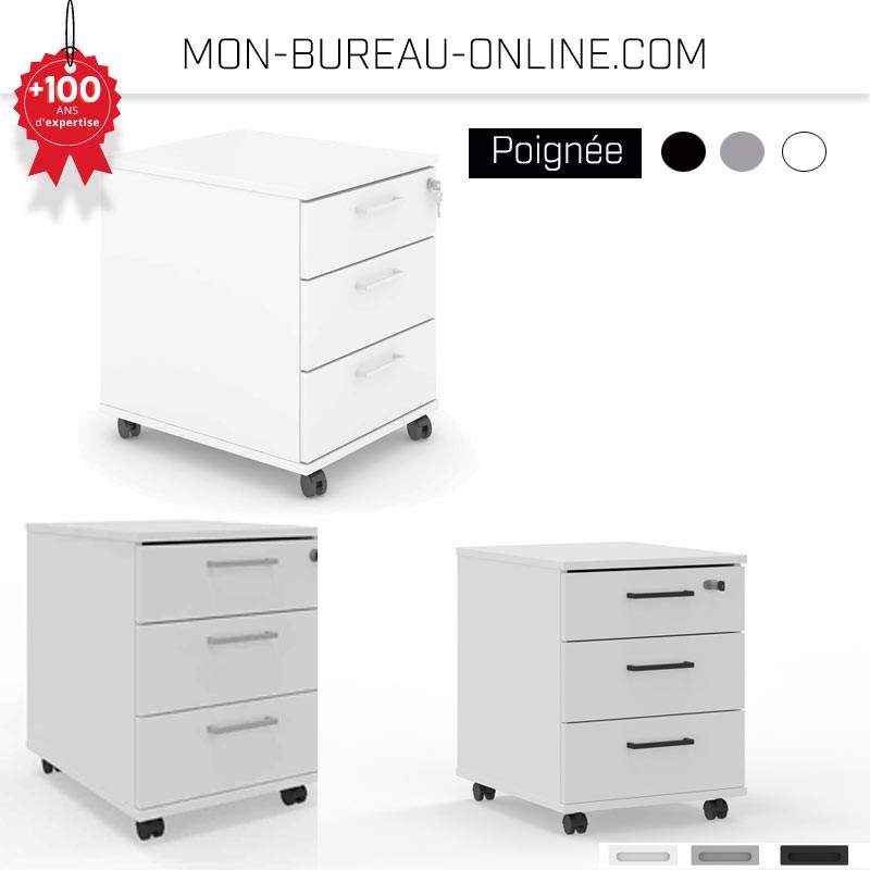 Caisson de bureau Blanc sur roulettes - 3 tiroirs à Petit Prix